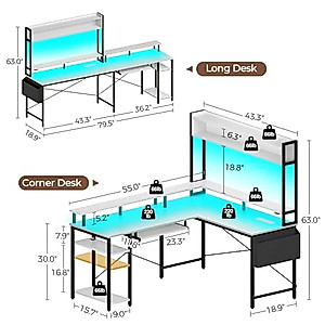 Rolanstar L Shaped Gaming Desk with Power Outlets & LED Lights, Reversible Computer Desk with Keyboard Tray, Storage Shelves, Monitor Stand & Hutch for Home Office, White