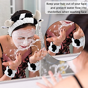 AHONEY Cow Ears Headband Cow Print Skincare Headbands and Wristbands, Cute Spa Wrist Band Fluffy Hand Cuffs Women Girls Kids Facial Makeup Accessories Costume Party Stuff Birthday Gift