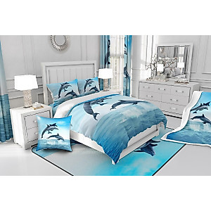 Erosebridal Ocean Dolphin Duvet Cover Queen, 3D Dolphin Comforter Cover, Blue Ocean Sea Wave Bedding, Marine Life Quilt Cover with Zipper Closure Soft Cozy for Kids Boys Teens Room Decor, 3Pcs