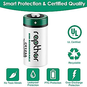 rapthor 1650mAh CR123A 3V Lithium Batteries 16 Pack CR123 High Power 123A CR17345Photo Battery PTC Protected for Cameras Flashlight Alarm Smart Sensors (Non-Rechargeable, Not for Arlo)