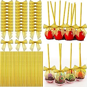200 Cake Pop Sticks and Bows Kit for Cake Pops, Candies, Lollipops, Chocolates and Cookies Decorating, Include 100 Satin Ribbon Twist Tie Bows and 100 Paper Striped Straws for Party Supplies (Gold)