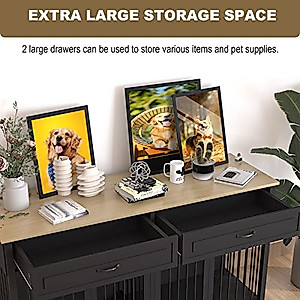 Large Dog Crate Furniture,Wooden Dog Crate Cage with Room Divider and 2 Drawer, Heavy Duty Dog Crate Kennel Furniture for Large and Medium Dog Indoor, Big Dog Crate with 2 Doors, Black