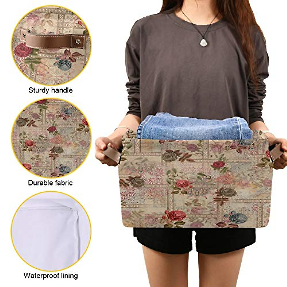 ALAZA Decorative Basket Rectangular Storage Bin, Watercolor Rose Flower Bouquet Paisley Organizer Basket with Leather Handles for Home Office