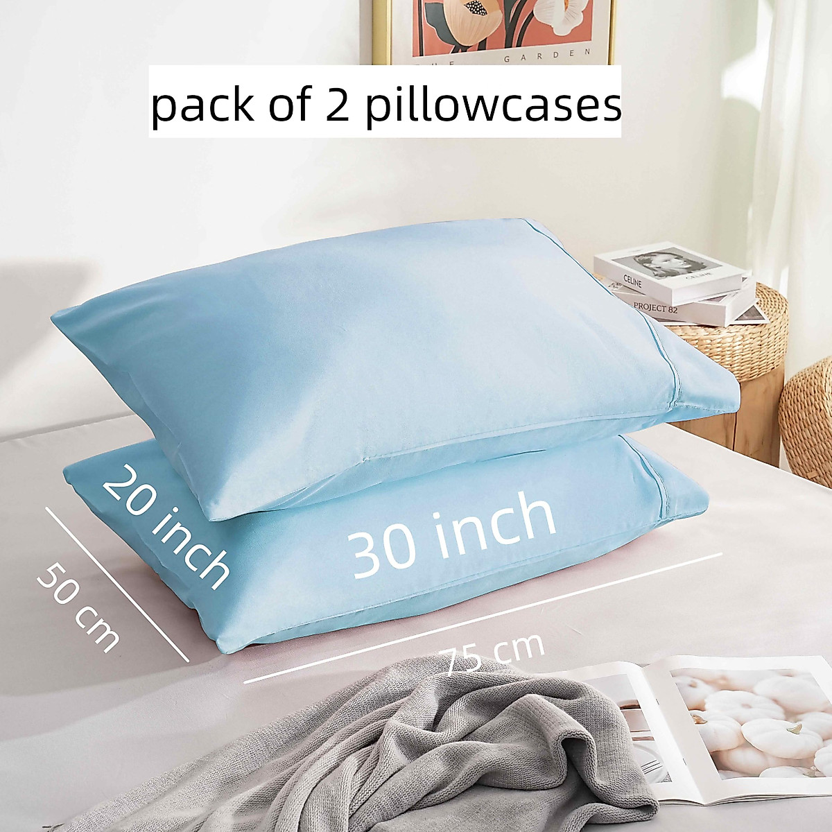 Pillowcases Queen Light Blue Set of 2 Envelope Closure End Easy Fit All Season Warm Soft and Breathable Material Machine Washable