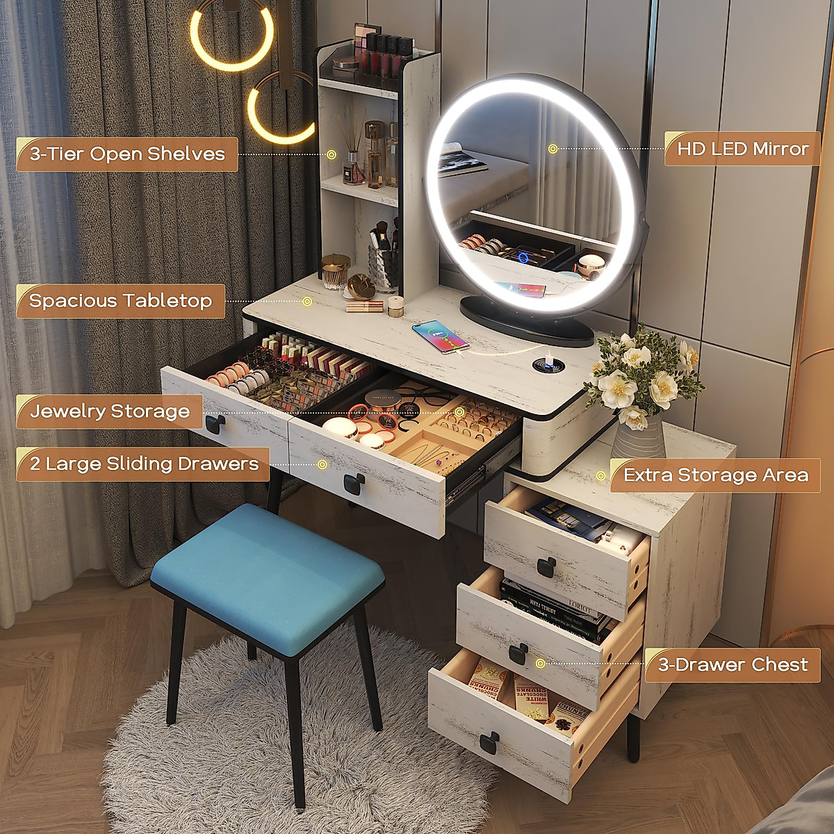 LVSOMT Vanity Desk with Mirror and Lights, Makeup Vanity Table with 3-color Lights & Charging Station, Vanity Set with 5 Drawers, Dressing Table with Stool for Women Girls (Wood White)
