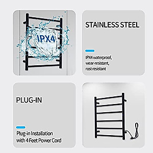 MAVENCOOL Heated Towel Warmer Rack, 6 Bars Wall Mounted Electric Towel Warmer for Bathroom, Plug-in Towel Drying Rack, Matte Black Stainless Steel Hot Towel Rack with Timer and LED Indicator