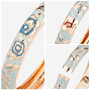 UJOY Flowers Bracelet Multi-Colors Cloisonne Wedding Jewelry Gift Women Enameled Bangles Opening Hinged 55A106 light blue