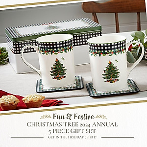 Spode Christmas Tree 2024 Annual 5 Piece Porcelain 12 Fl. Oz. Mug & Tin Set - Holiday Coffee Cup, Christmas Home Décor & Seasonal Coffee Mug - Stocking Stuffer Holiday Gifts - For Tea, Hot Chocolate