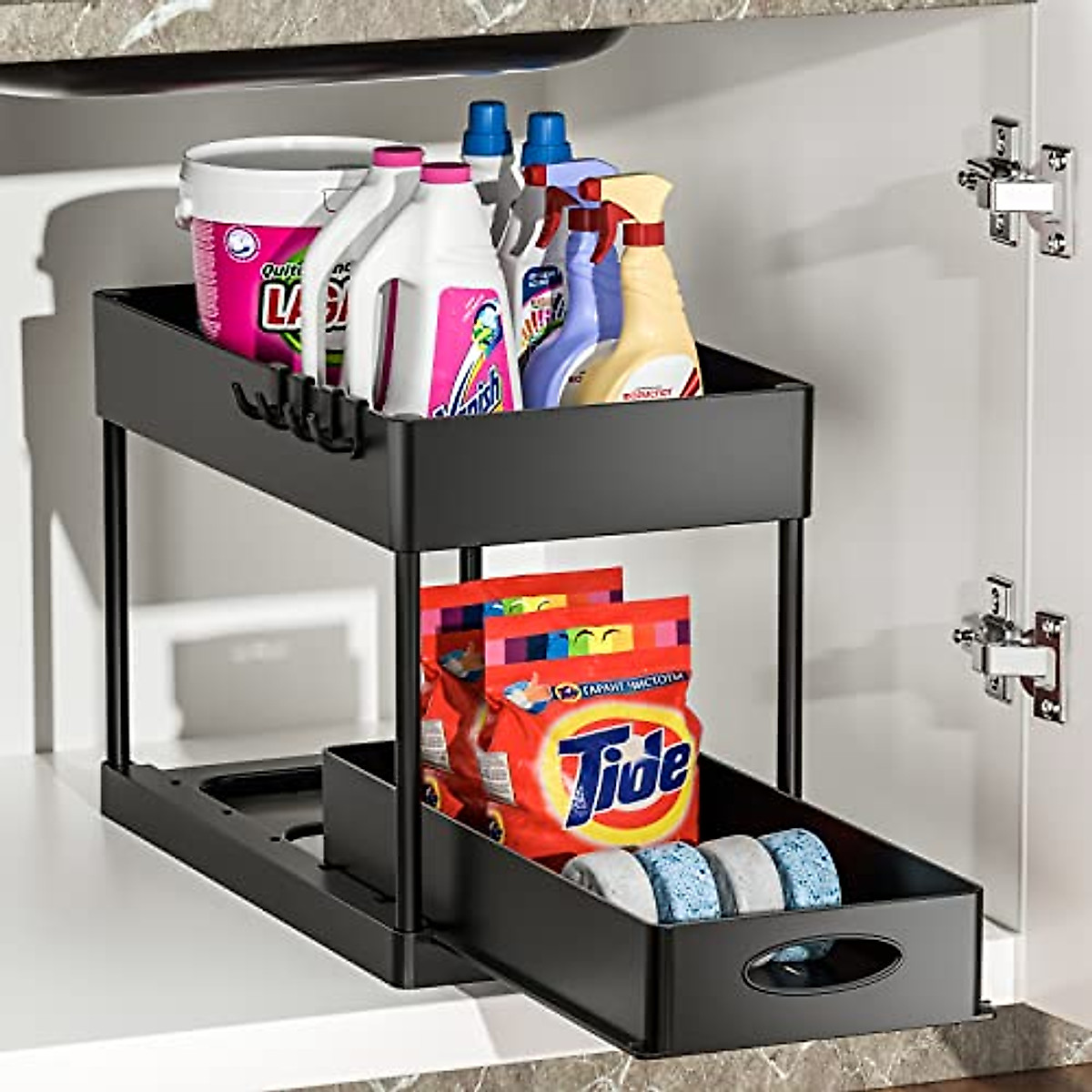 Under Sink Organizers and Storage, 2 Tier Under Sink Organizer Multi-Purpose Bathroom Sink Organizer Sliding Drawer Sink Organizers with Hooks for Kitchen Bathroom Organizer