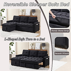 lunhung 78" L-Shaped Sofa,Reversible Sleeper Sectional Sofa with Pull-Out Bed,Comfy Tufted Sectional Couch with Storage Chaise,USB Port&Side Pocket,Furniture Set for Living Room,SmallSpace (Black)