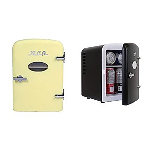 RCA Yellow Mini Fridge (0.3 Cubic Feet) and Koolatron Black Retro Mini Portable Fridge (4L)