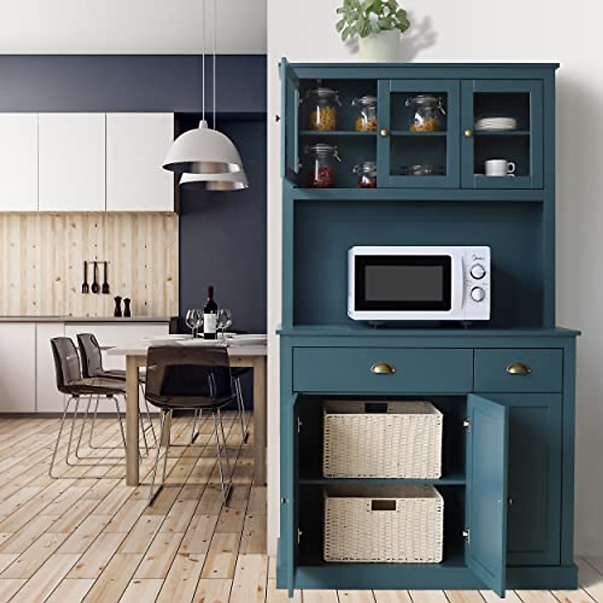 VEIKOU Pantry Buffet with Hutch,71" Kitchen Pantry Cabinets, Freestanding Storage Cabinet with Adjustable Shelves & Glass Doors, Tall Cupboard Pantry Cabinets with Coffee Countertop, Dark Teal