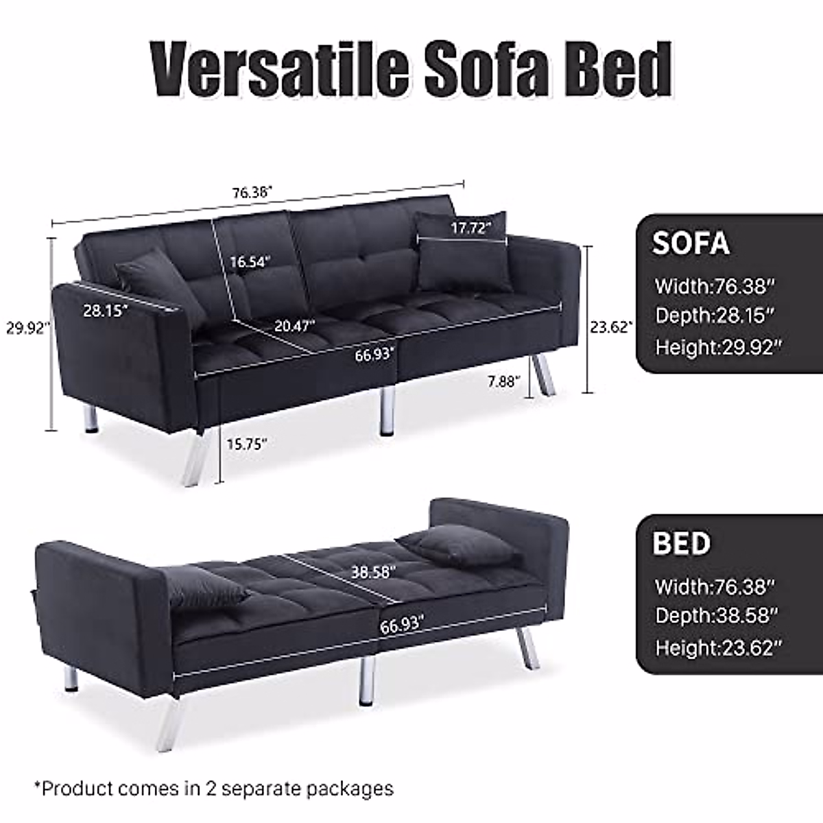 civama Futon Sofa Bed, 74" Modern Velvet Convertible Folding Lounge Couch, Upholstered Twin Size Sleeper Sofa with Arm 2 Pillows Split Back Design and Silver Metal Legs for Compact Space, Black