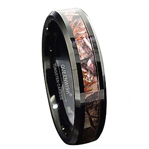 QUEENWISH 6mm Black Tungsten Camo Wedding Rings For Men & Women Hunting Camouflage Inlay Engagement Couples Jewelry Band Beveled Edges Comfort Fit