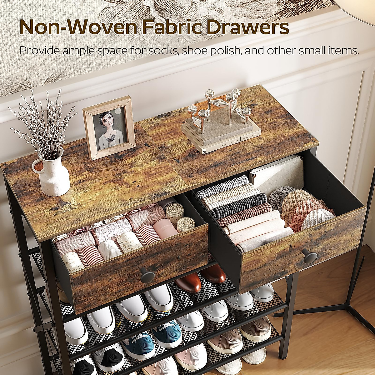 YATINEY 5 Tier Shoe Rack, Large Capacity Shoe Storage Organizer, Metal Shoe Shelf with Drawer and Wooden Top, for 16 Pairs of Shoes, for Entryway, Closet, Rustic Brown and Black SS25BR