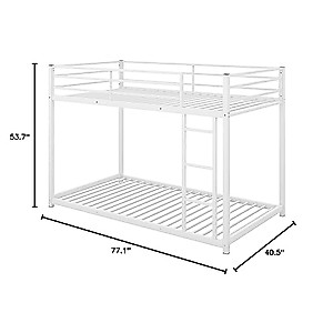 LostCat Bunk Bed Twin Over Twin, Low Bunk Beds with Safety Guardrail and Ladder, Metal Floor Bunk Bed with Slat Support, No Box Spring Needed, Easy Assembly, White