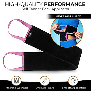Bronze Tan Self Tanner Back Applicator - Tanning Mitt For Sunless Tanning Mousse or Lotion - Tan your Back Quickly and Easily - Self Tanning Back Applicator - Black with Pink Handles