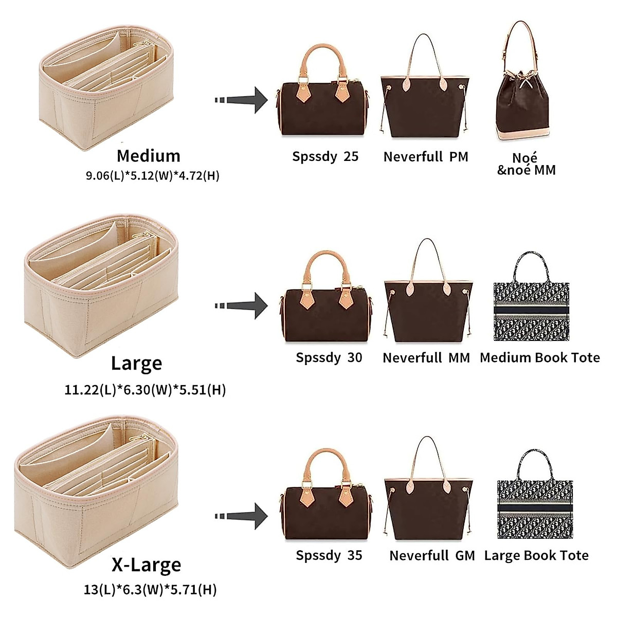LOUKAYCCI Purse Organizer & Base Shaper Fit Speedy 25 & Neverfull PM, Goyards, MK,Longchamps More,Felt Bag Organizer Insert for Handbags with Metal Zipper [Bag in Bag] (Medium, Beige)