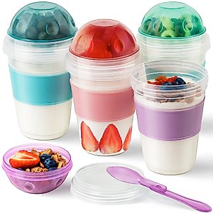 Freshmage 4 Pack 20 oz Yogurt Parfait Cups with Lids, Reusable Overnight Oats Containers with Lids, Folding Spoons and Topping Compartment for Breakfast to Go