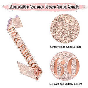 60th Birthday Gifts for Women Rose Gold, 60 Years Old Birthday Tiara, Sash, Balloons, Cake Topper, Candle and Glasses for 60th Birthday Party Decoration, 6 PCS