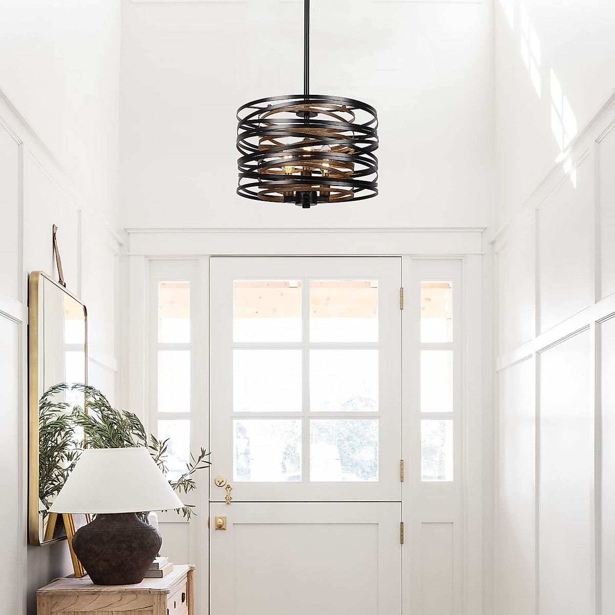 12.6'' Farmhouse Chandeliers for Dining Room, 3-Light Industrial Metal Hanging Light Fixture, Rustic Drum Pendant Light for Entryway Kitchen Foyer Bedroom, Black with Retro Wood Texture Interior