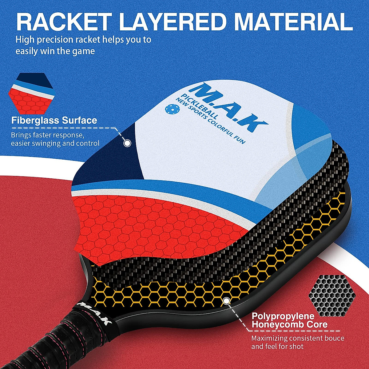 Pickleball Paddles Set of 2, Carbon and Fiberglass Face Pickleball Set, 4 Indoor Outdoor Balls, 2 Cooling Towels, Pickleball Bag, Lightweight Pickleball Paddle Gifts for Men Women (Fiberglass Style-1)