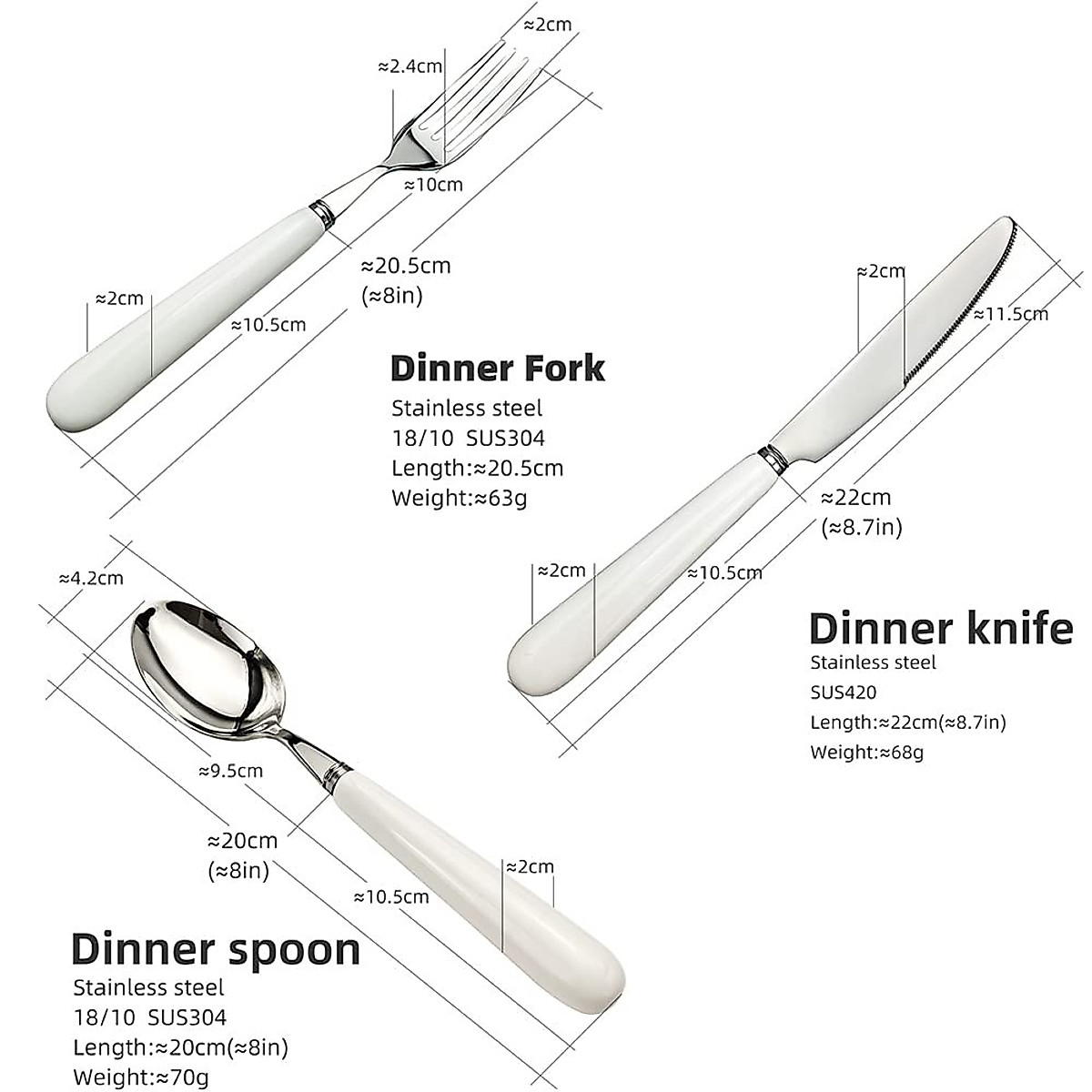 Meiyahome 3-piece set 20CM 8-inch Main fork steak tableware table-knife knife fork Dinner spoon 18-10 Stainless steel exquisite Ceramic handle