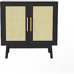 RESOM Black Rattan Accent Storage Cabinet, Sideboard Buffet Cabinet with Rattan Doors, Modern Wood Cabinet for Living Room, Dining Room, Kitchen, Entryway and Hallway