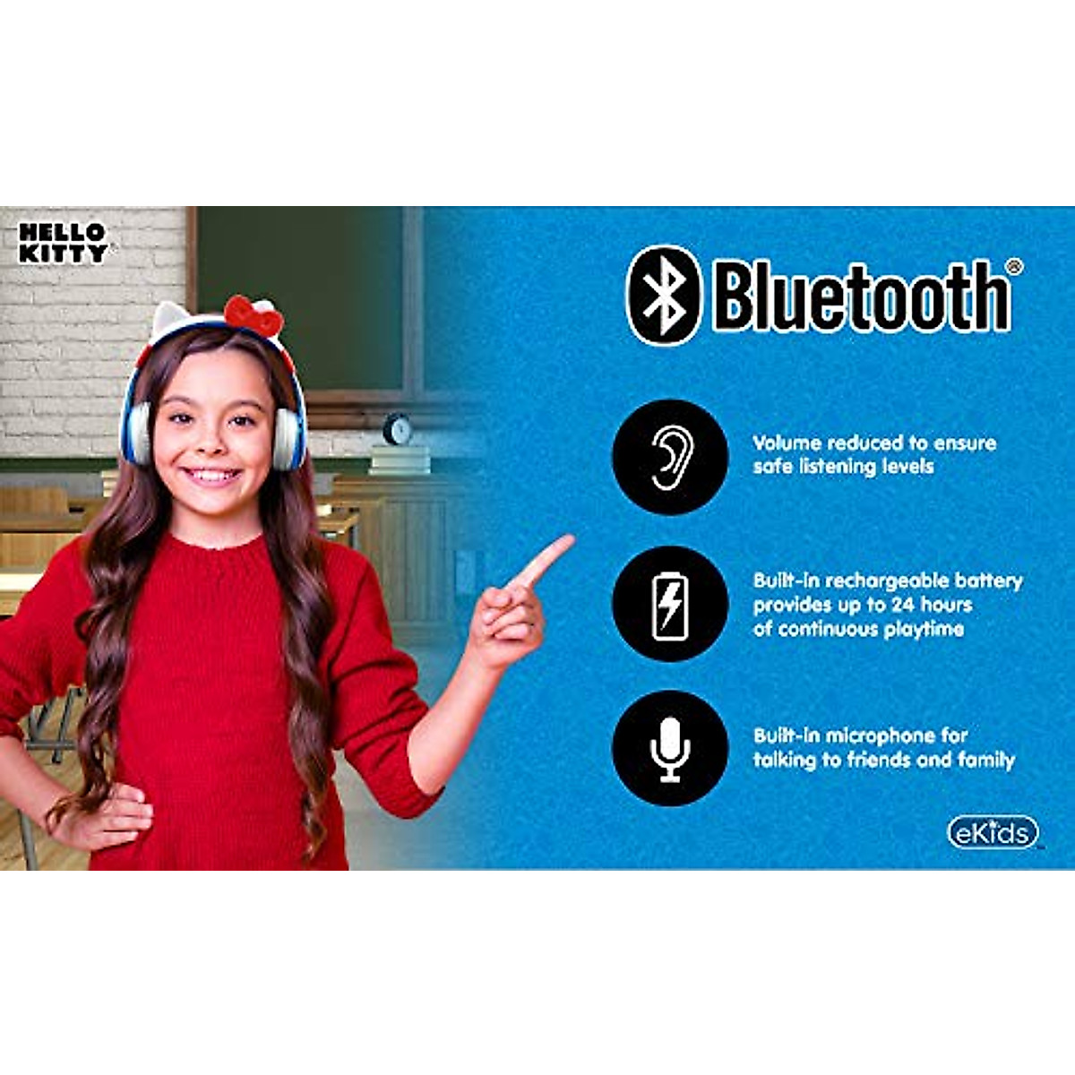 eKids Hello Kitty Kids Bluetooth Headphones, Wireless Headphones with Microphone Includes Aux Cord, Volume Reduced Kids Foldable Headphones for School, Home, or Travel