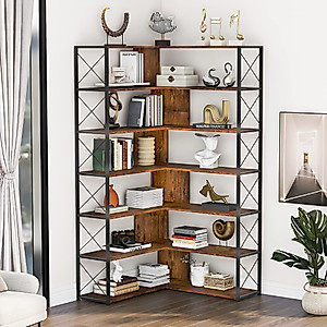 Corner Bookcase, 7-Tier L-Shaped Tall Bookshelf with Open Storage, Freestanding Industrial Etagere Shelf with Metal Frame for Home Office Funiture, Brown