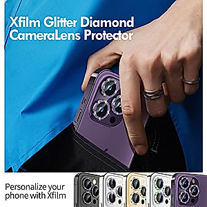 Xfilm Camera Lens Protector for iPhone 14 Pro/iPhone 14 Pro Max, Bling Glitter 9H Hardness Drop-Proof Metal Individual Ring Protector, Strong Adsorption, Case Friendly (Deep Purple Glitter)
