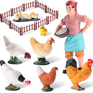 18 Pcs Farm Cute Animal Figurines Easter Toy Set 7 Pcs Simulated Chicken Figurines Realistic Plastic Farmer Feeder 10 Pcs Mini Fence Toys Preschool Toy Figure Play Set for Collection Educational Props