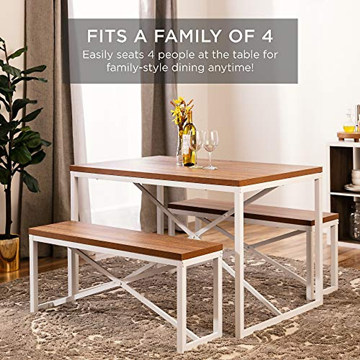 Best Choice Products 45.5in 3-Piece Bench Style Dining Furniture Set, 4-Person Space-Saving Dinette for Kitchen, Dining Room w/ 2 Benches, Table - Brown/White
