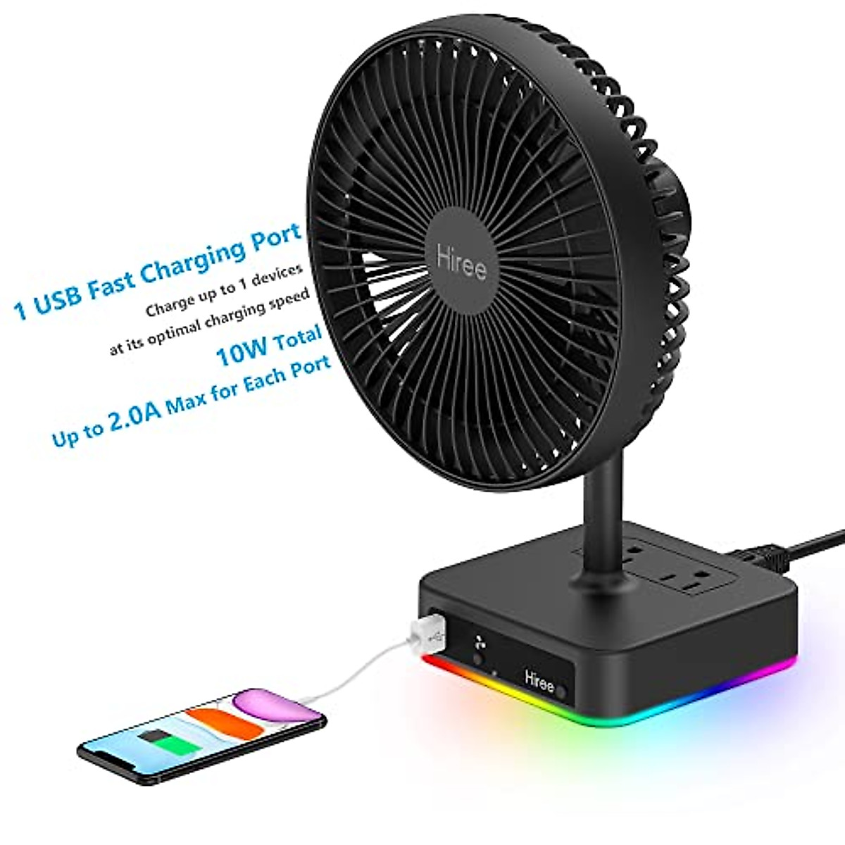 Hiree Desk Fan with USB Charging Port, 2 Speeds 6.7 Inch Small Desktop Table Fan with 2 AC Outlets and LED Lights, Strong Wind, Quiet Operation - Personal Fan for Home, Dorm Room, Office