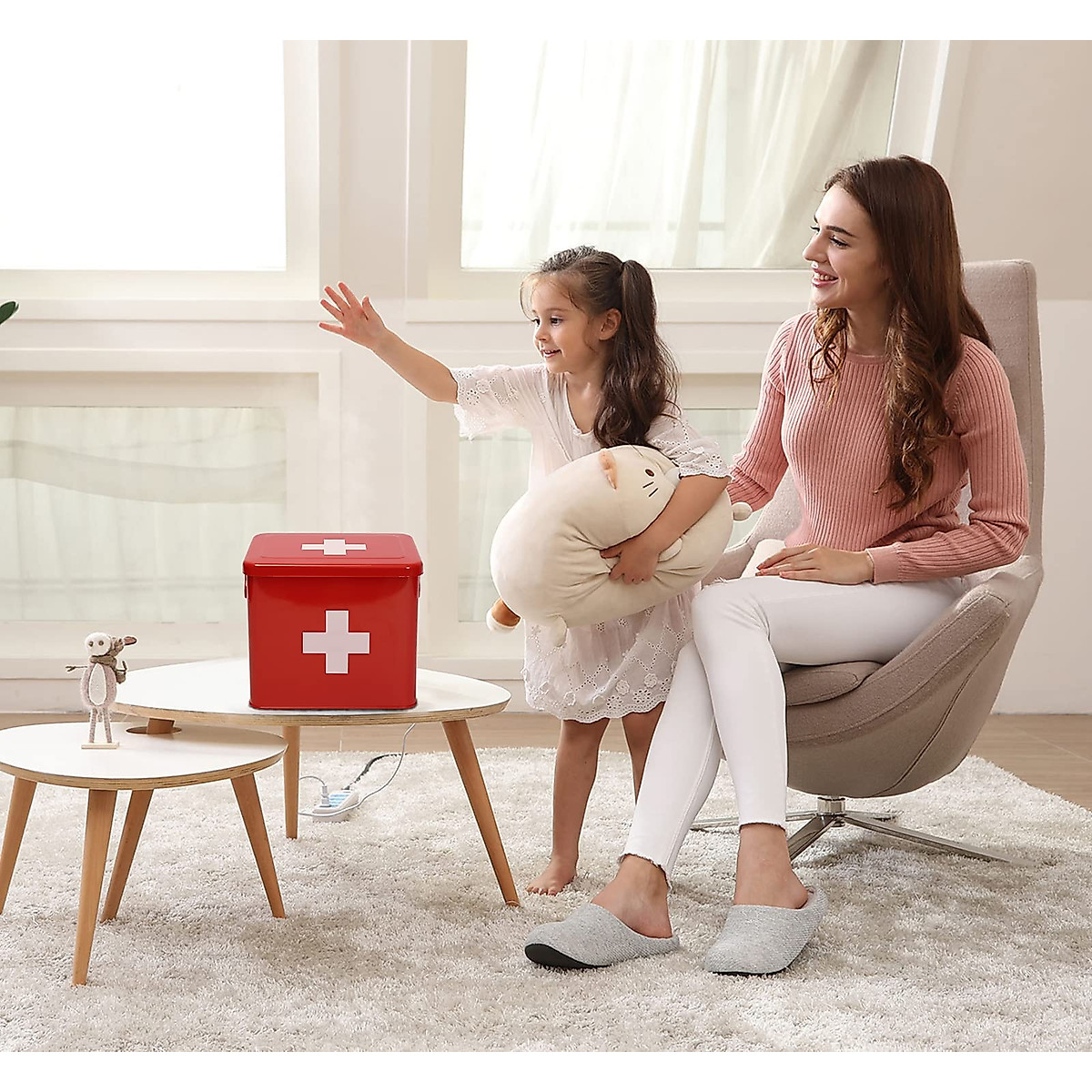 Xbopetda First Aid Kit, First Aid Medicine Supplies Bin - 2-Tier Metal Medicine Storage Tin, First Aid Box with Removable Tray for Home Emergency Tool Set-Red