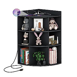 BORNOON 3-Tiers Wooden Corner Cabinet with 9 Cubbies,Corner Storage Cabinet with Charging Station and USB Ports and Outlets.Corner Cubby Bookshelf for Bedroom, Living Room, Office, Small Space.Black.