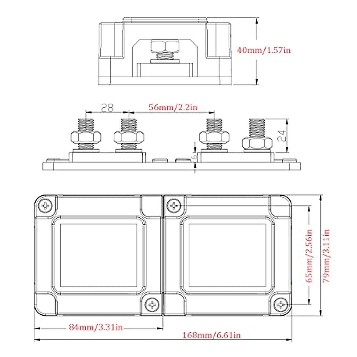 T Tocas Heavy Duty 400ABus Bar Power Distribution Block Ground Busbar Box 8XM10 (3/8") Terminal Studs Module Design 48V DC Black & Red Cover