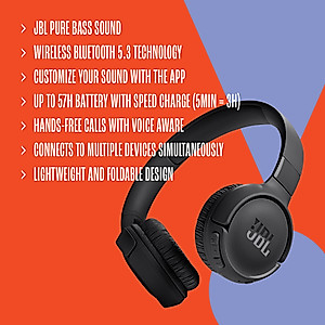 JBL JBLT520BTBLKAM-Z Tune 520BT Wireless on-ear Headphones, Black - (Renewed)
