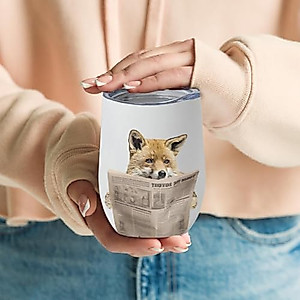Vulpes Vulpes Red Fox Reading Newspaper Tumbler 12oz Stainless Steel Vacuum Insulated Wine Cup With Lid - Gifts for Fox Lovers
