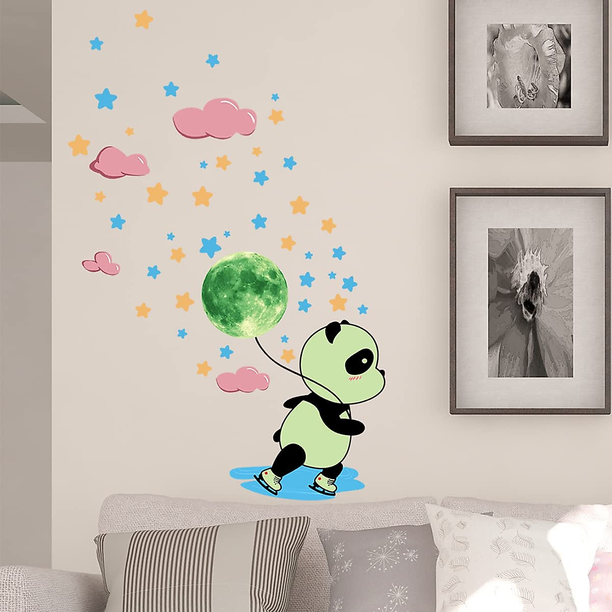 Glow in The Dark Panda Wall Stickers,38 Pcs Fluorescence Animal Star Moon Cloud Decals Girls Baby Kids Bedroom Nursery Classroom Luminous Wall Decorations