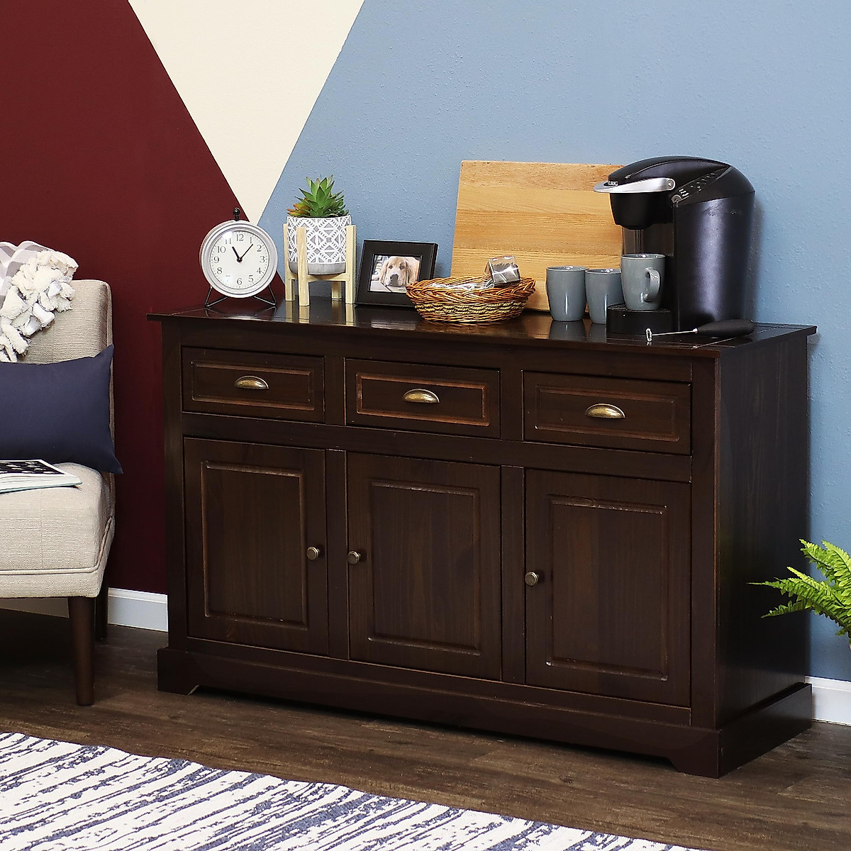 Sunnydaze Solid Pine Sideboard Cabinet with 3 Drawers and 3 Doors - Features Adjustable Inner Cabinet Shelf - Zinc Alloy Hardware - Dark Brown- 32-Inch