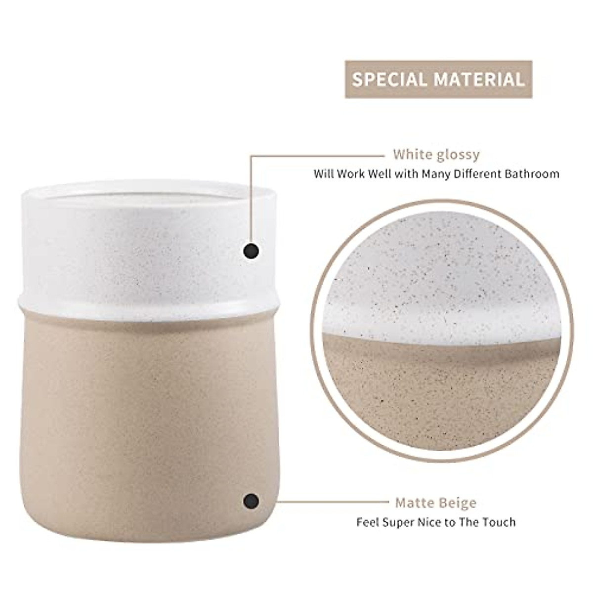 Decorative Round Small Trash Can Wastebasket, Garbage Container Bin for Bathrooms, Powder Rooms, Kitchens, Home Offices - Sand Glaze Non-Slip Design,Beige