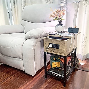 Nightstand with Charging Station USB Outlet, Narrow End Table with Storage Open Shelf, Couch Side Table Slide Top, Wood & Metal Modern Nightstand with Drawer for Bedroom Living Room Dorm, Light Brown