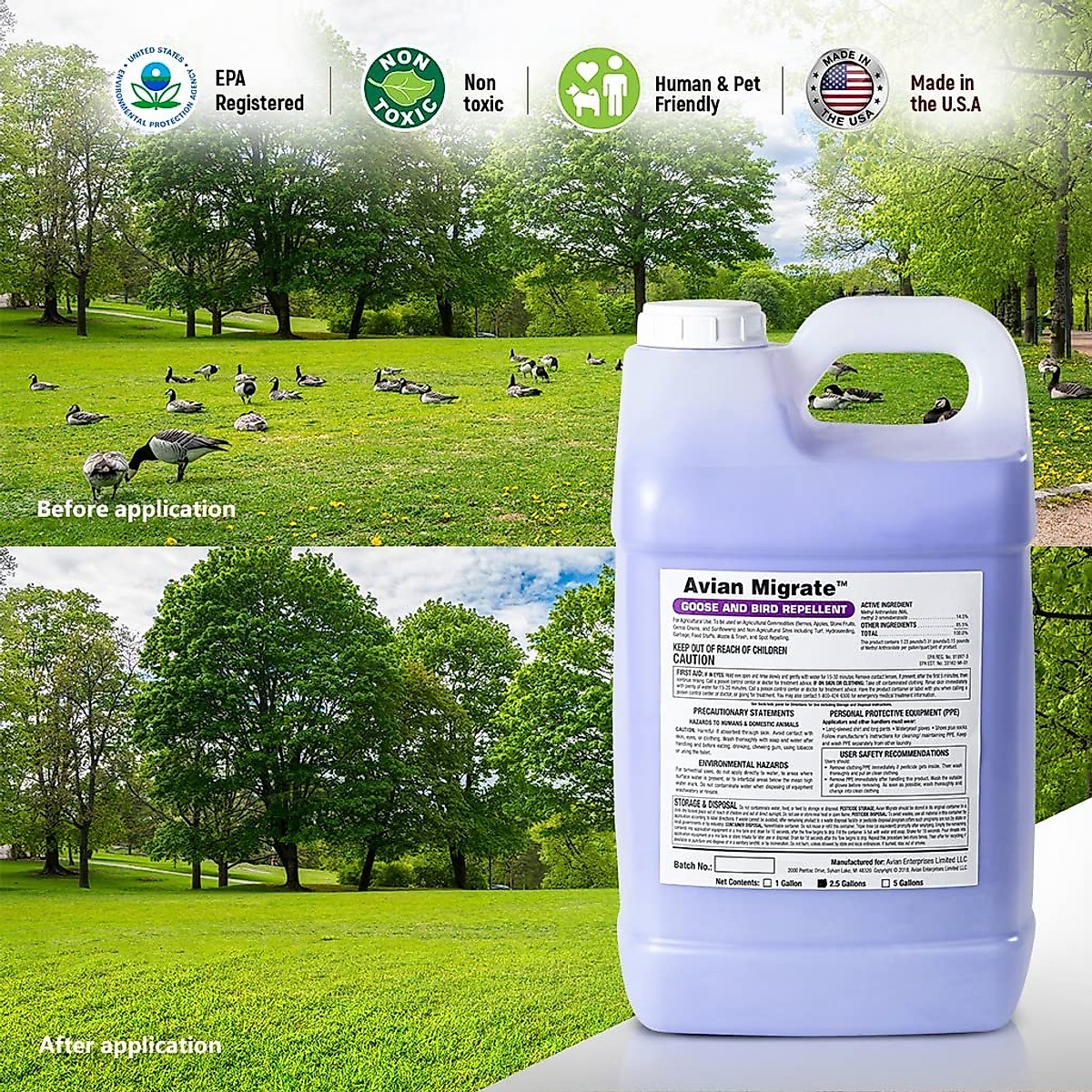 Avian Migrate Goose Deterrent, Bird Repellent Concentrate, Geese Repellent, Non-Toxic, Made in The USA, Removes Geese from Beaches, Yards, Ponds, Parks and Ground (1/2 Gallon)