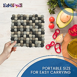 Ezhippie 20 CM Woollen Pot Trivet with Heat Resistance, Handmade Non Slip Pan Holder from Nepal, Trivets for Kitchen, Pots, and Pans Protect Tables and Worktops, Absorbent Felt Ball Pad, Square-3