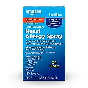 Amazon Basic Care 24 Hour Allergy Nasal Spray, Triamcinolone Acetonide 55 mcg per spray, Allergy Medicine, Non-Drowsy, 0.57 fl oz (Pack of 1)