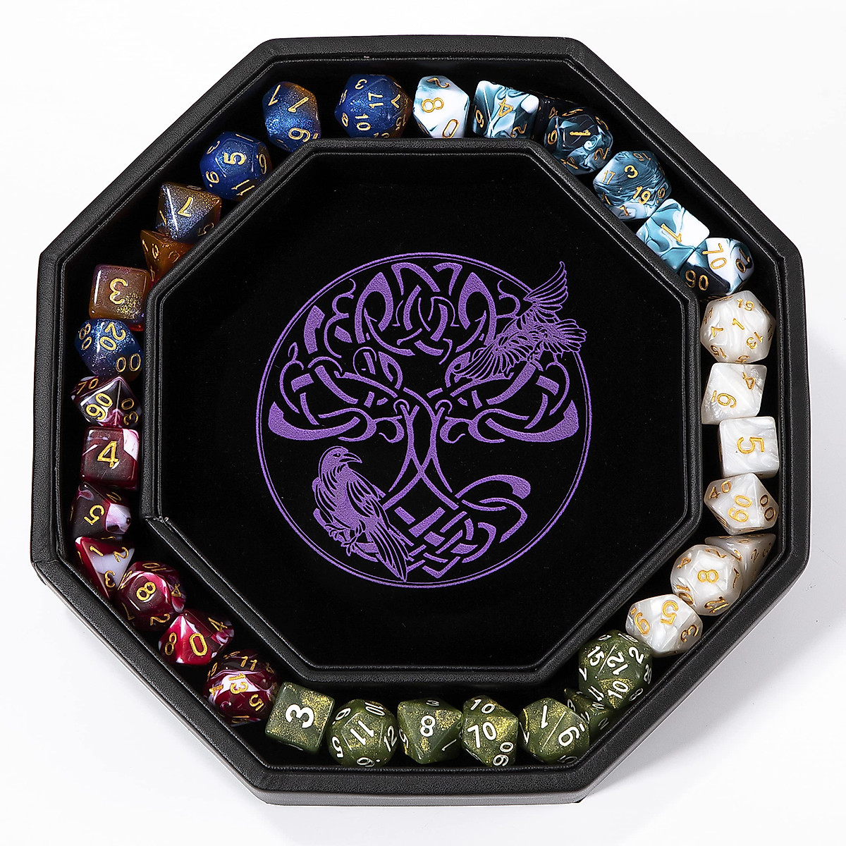 DND Dice Tray - Premium 8 Inch Tray Dungeons and Dragons - Exquisitely Detailed Purple World Tree & Triquetra Design - Perfect Rolling & Box Storage to Protect Your Dice for D&D and RPG