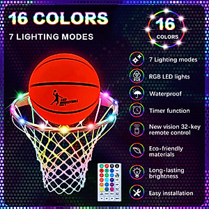 2 Pcs Light Basketball Glow in the Dark Basketball LED Basketball Hoop Lights Remote Control Basketball Rim Lights Waterproof Rim Lights 17 Colors 7 Lighting Modes for Boys Gift Age 12(Number 6)