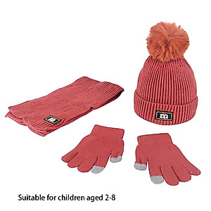 Kids Winter Beanie Hat Scarf Gloves Set, Winter Knit Warm Soft Pom-Pom Beanie Hat for Boys and Girls Outdoor Warm Beige