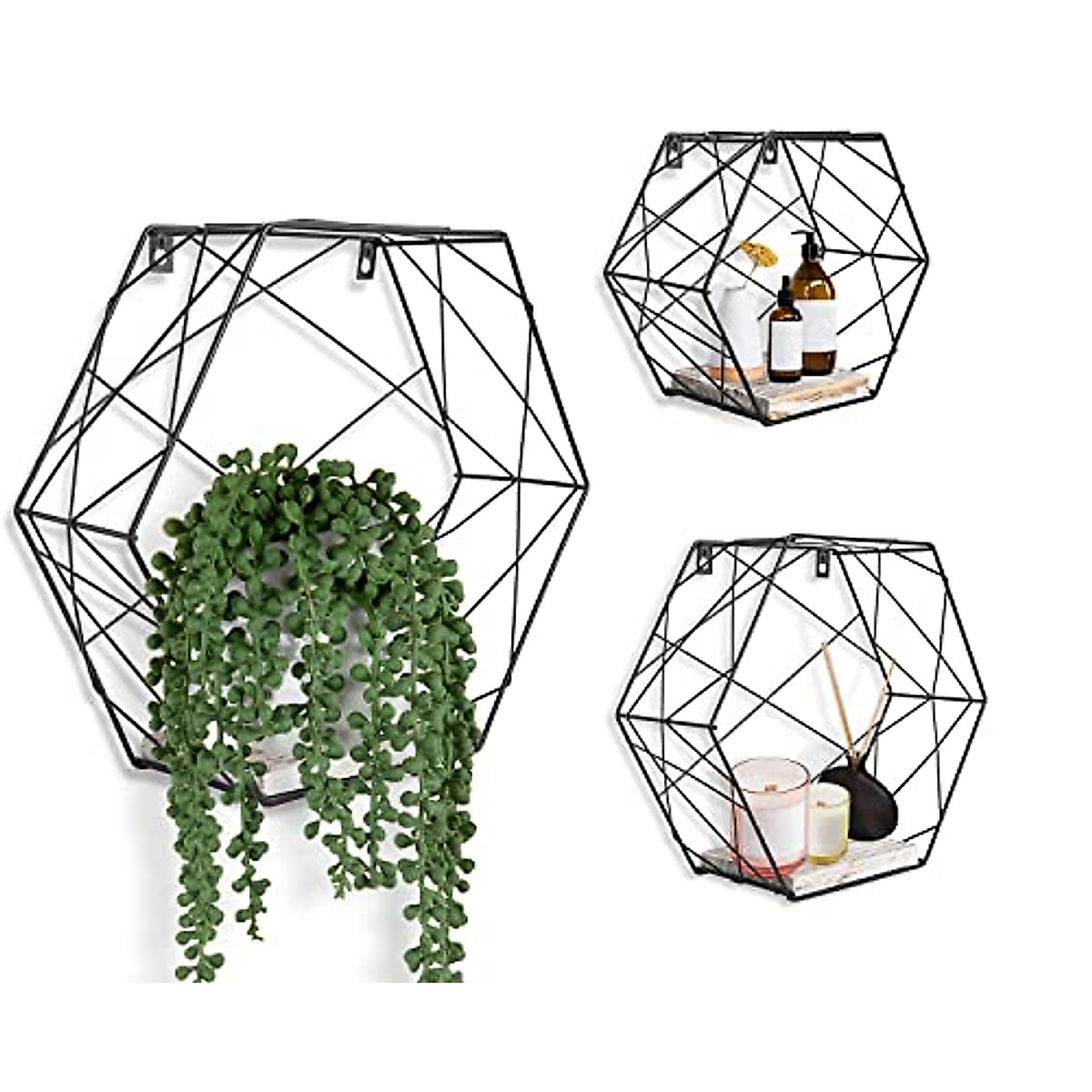 Comfify Industrial Wall Mounted Honeycomb Floating Shelves Set of 3 Decorative Hexagon Metal Wire Shelves – Large, Medium and Small - Modern Shelves for Home, Office and More - Rustic White